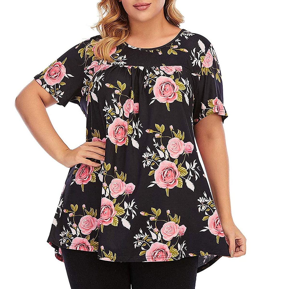 Bravetoshop Plus-Size Tops for Women Short Sleeve Round Neck Casual Tunic Tops Summer Loose Blouse (Black,XL)