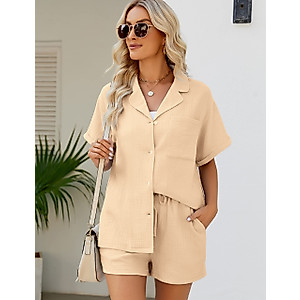 Flygo Women's 2 Piece Shirts Sets Short Sleeve Summer Casual Linen Shirt Elastic Waist Short Sets Outfits(Ginger-XL)