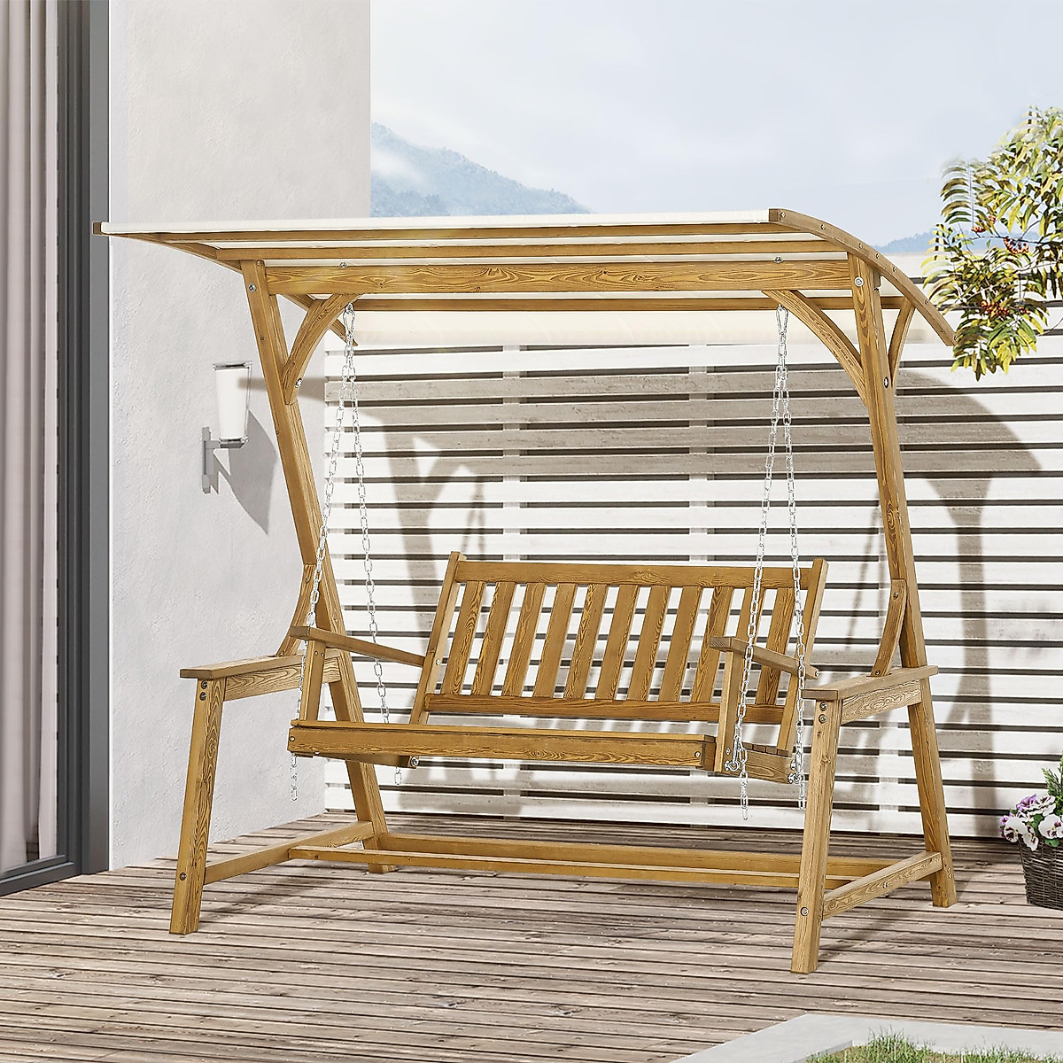 Outsunny 2 Seater Outdoor Swing Loveseat with Canopy and Hanging Chains, Patio Swing Chair, Wooden Porch Swing Glider, for Garden, Poolside, Backyard