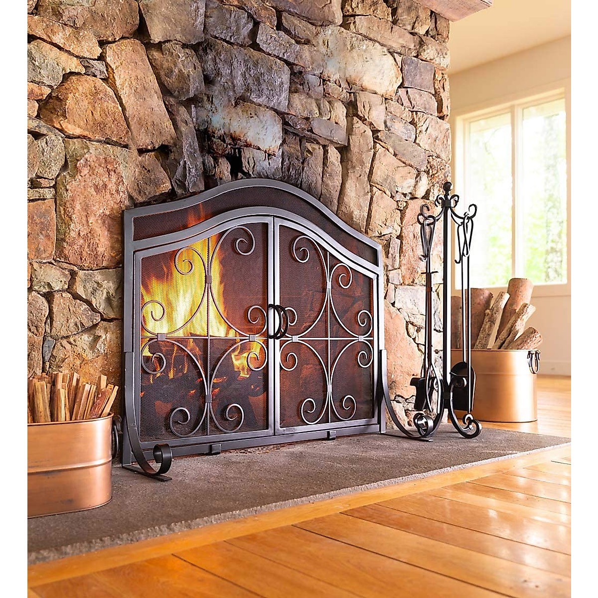 Plow & Hearth Crest Fireplace 4-Piece Tool Set with Stand, Solid Steel, Convenient Hanging Loops, Tongs, Poker, Shovel, Broom, Decorative and Functional, Approx. 12"" diam. x 34¾"" H (Black)