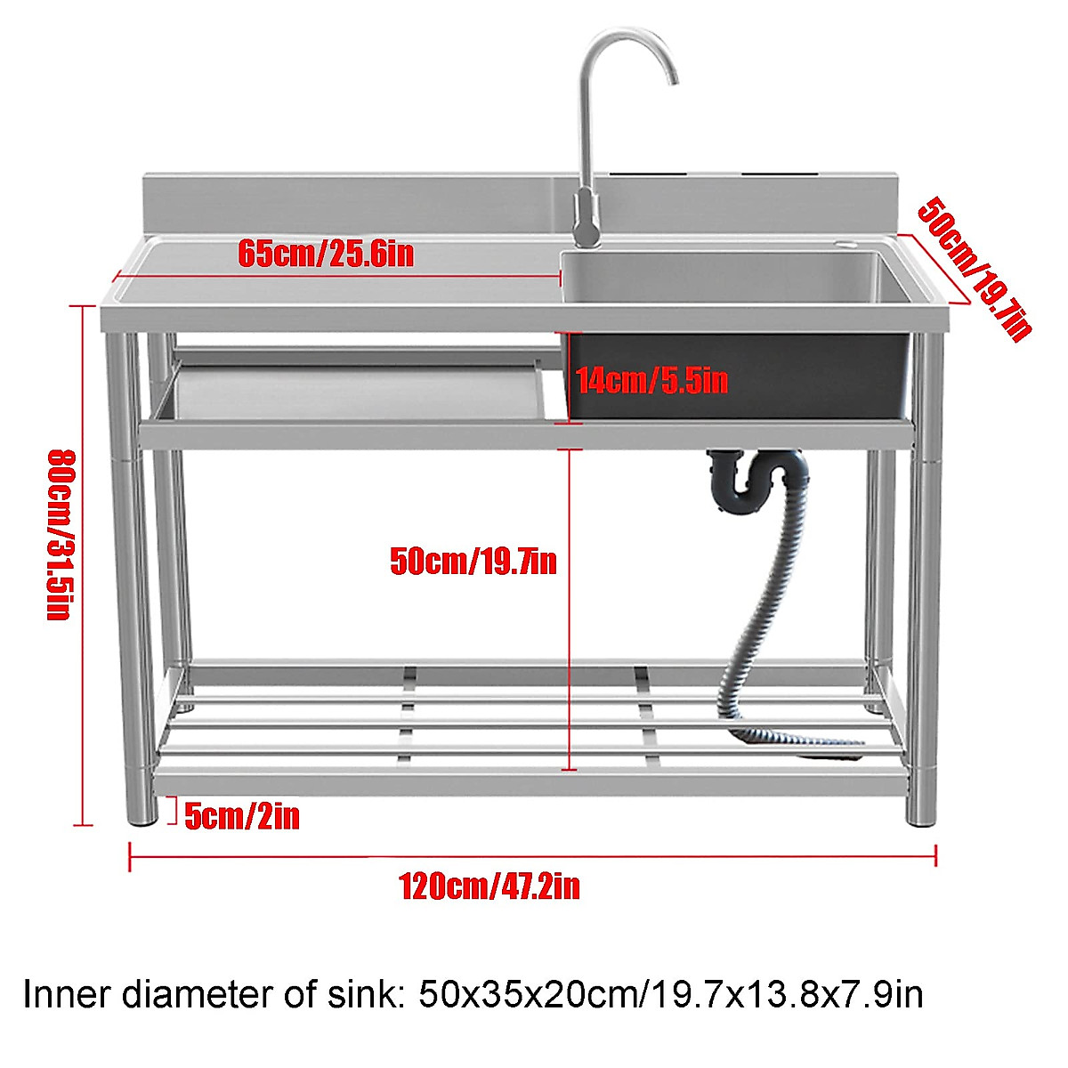 Commercial Restaurant Sink Utility Sink Stainless Steel Free-standing Kitchen Sink Set Single Bowl w/ Faucet & Drainboard for Laundry Garage Camping 120x50x80cm/47.2x19.7x31.5in Left