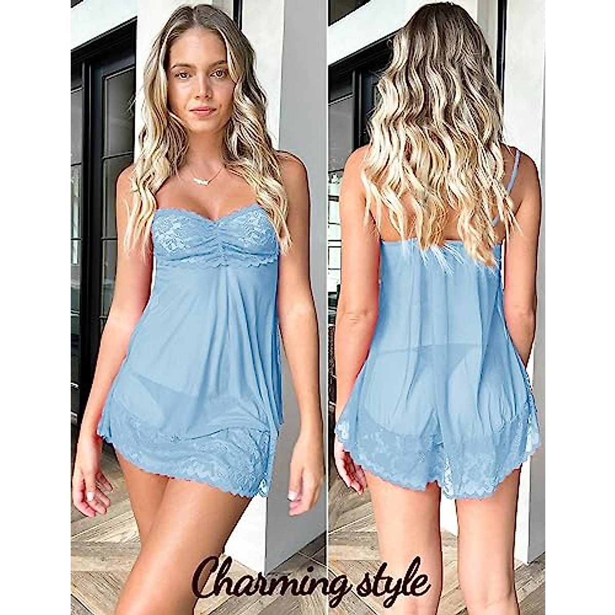Avidlove Women V-Neck Lingerie Lace Babydoll Chemise Nightwear Outfits(Clear Blue, M)