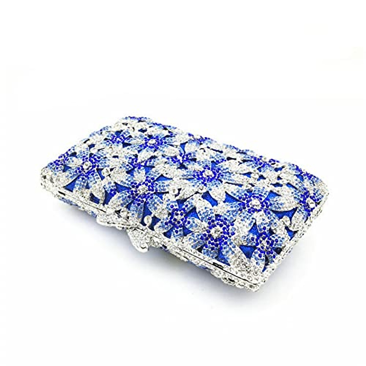Tngan Women Elegant Floral Evening Bag Hollow Out Rhinestone Crystal Clutch Wedding Party Banquet Bridal Handbag, Blue
