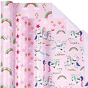 LeZakaa Christmas Wrapping Paper Mini Roll - Santa Claus and Unicorn/Rainbow/Stars in Pink for Gift Wrap, Arts Crafts - 17 x 120 inches - 3 Rolls (42.5 sq.ft.ttl.)