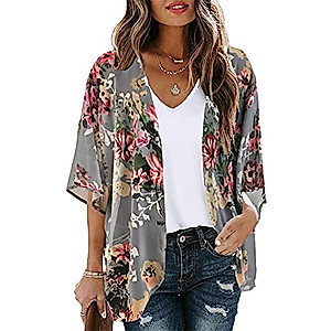 Women's Floral Print Puff Sleeve Kimono Cardigan Loose Cover Up Casual Blouse Tops(Dark Grey,L)