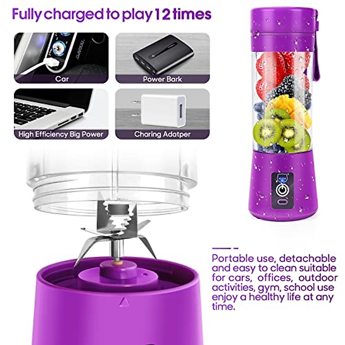 Portable Blender, MIAOKE Personal Mini Juice Blender, USB Rchargeable Juicer Cup with Six Blades in 3D, Smoothie Blender Home/Office/Outdoors, Dark purple