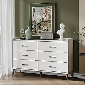 Rolanstar Drawer Dresser Quick Install, 6 Wooden Drawers Storage Dresser with Set of 4 Foldable Drawer Dividers, Modern Chest of Drawer with Anti-Tipping Device, Bedroom, Living Room, White