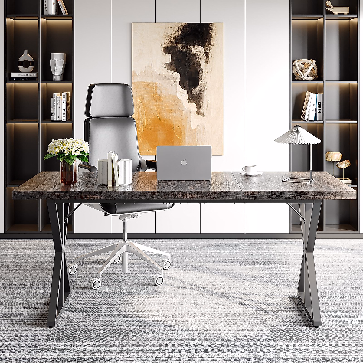 ONBRILL 71 Inch Computer Desk, Large Home Office Executive Desk, Modern Simple Style Gaming Desk for Writing Work Study Bedroom, Sturdy Frame & Thicker Steel Legs with Ample Legroom, Rustic Brown