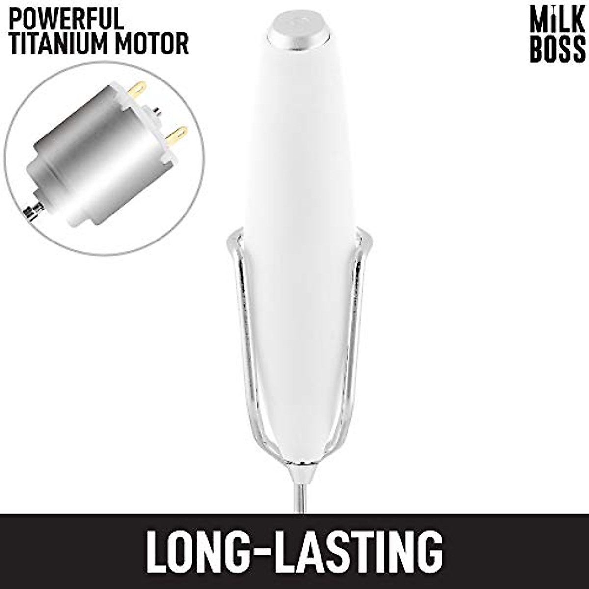 Milk Boss Powerful Milk Frother Handheld With Upgraded Holster Stand - Coffee Frother Electric Handheld Foam Maker - Milk Frother For Coffee, Lattes, Matcha & More - Electric Whisk Frother (White)