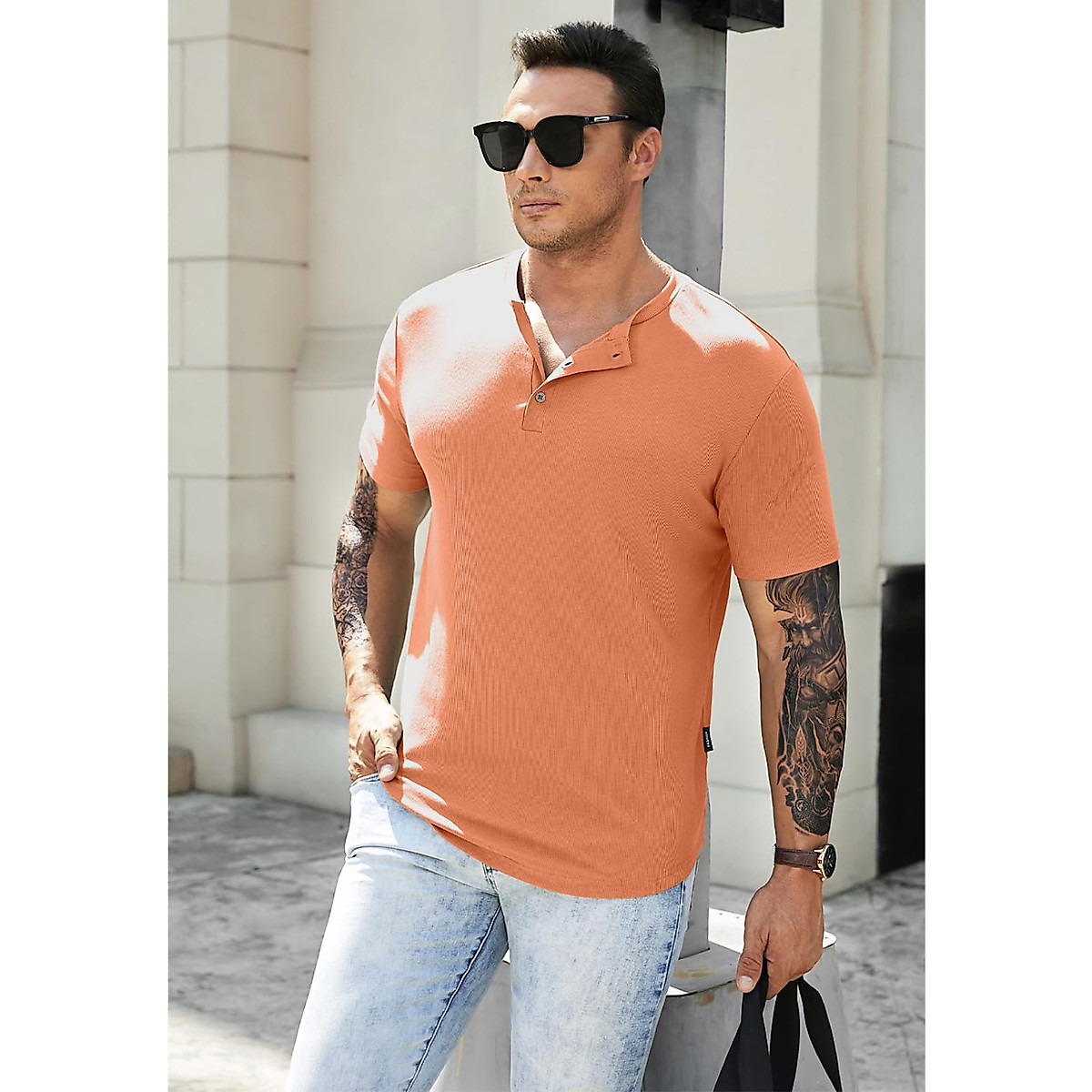 JMIERR Mens Muscle Slim Fit Button Henley Shirts Summer Crewneck Short Sleeve Longline Fitted T-Shirt Gym Workout Athletic Tees Shirt for Men, L, Orange