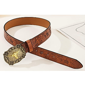 Mealah Men-Women-Western-Cowboy-Belt PU-Leather Floral Engraved-Bull-Buckle-Belts for Jeans (for 25" to 38" Waist)