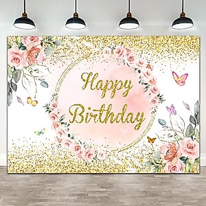 Wollmix Butterfly Happy Birthday Banner Backdrop Decorations 7x5ft Party Sweet 16 Girls Women Pink Florals Glitter Gold Dots Photography Background Supplies Photo Booth Studio Cake Table