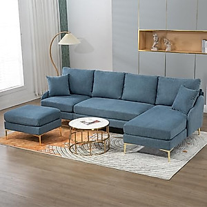Modern 110'' W U-Shape Sectional Sofa, 4-Seat Sofa Couch with Chaise Lounge and Ottoman, Reversible Left or Right Chaise, Modular Sofa with Golden Metal Legs for Living Room Apartment Office,Blue