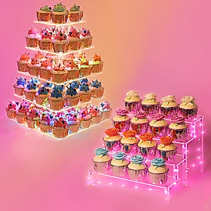 YestBuy 4 Tier Shelf Cake Pop Stand (Pink) +5 Tier Premium Cupcake Holder – Acrylic Cupcake Tower Display – Cady Bar Party Décor – Acrylic Display for Pastry Weddings, Birthday (Colorful)