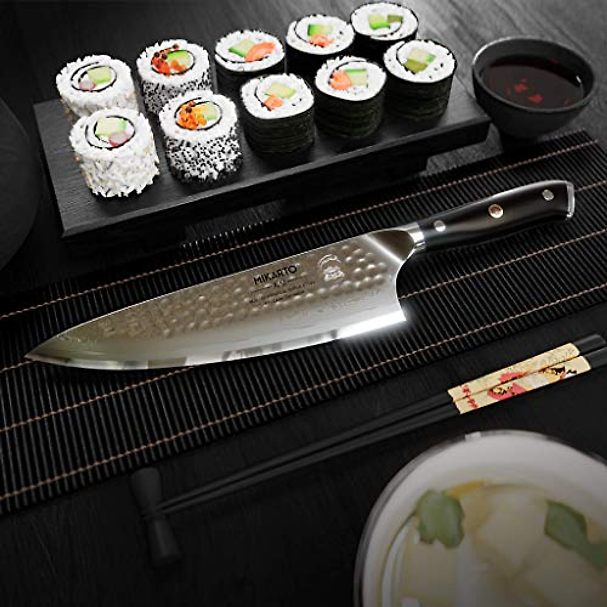 MIKARTO Chef Knife, 8 Inch Gyuto, Professional Grade - Japanese AUS-10 Super Steel Kitchen Knife with Hammer Finish - Ultra Sharp, High Carbon Kitchen Knives - Quality, All Purpose, Precision cutting.