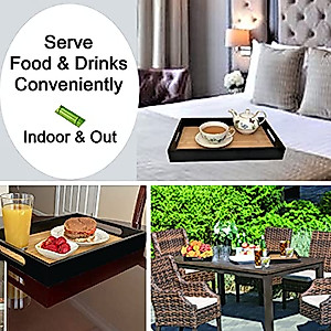 Bamboo Serving Tray with Handles (16" x 11" x 2") – Wood Serving Tray - Coffee Table Tray - Ottoman Tray - Decorative Display Tray In Black & Natural