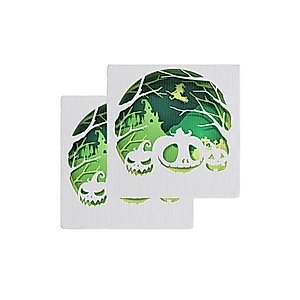 Hokiten Halloween Waffle Kitchen Towels Dishcloths, Green Ombre Pumpkins Castle Witch Absorbent Dish Towels | Hand Towels for Bathroom/Bar, 12 x 12 Inch, 2 Pcs