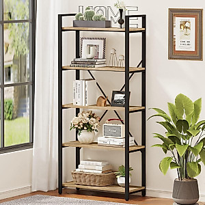 FATORRI 5 Tier Bookshelf, Industrial Wood and Metal Book Shelves for Display, Tall Etagere Bookcase and Rustic Shelving Unit (Rustic Oak)