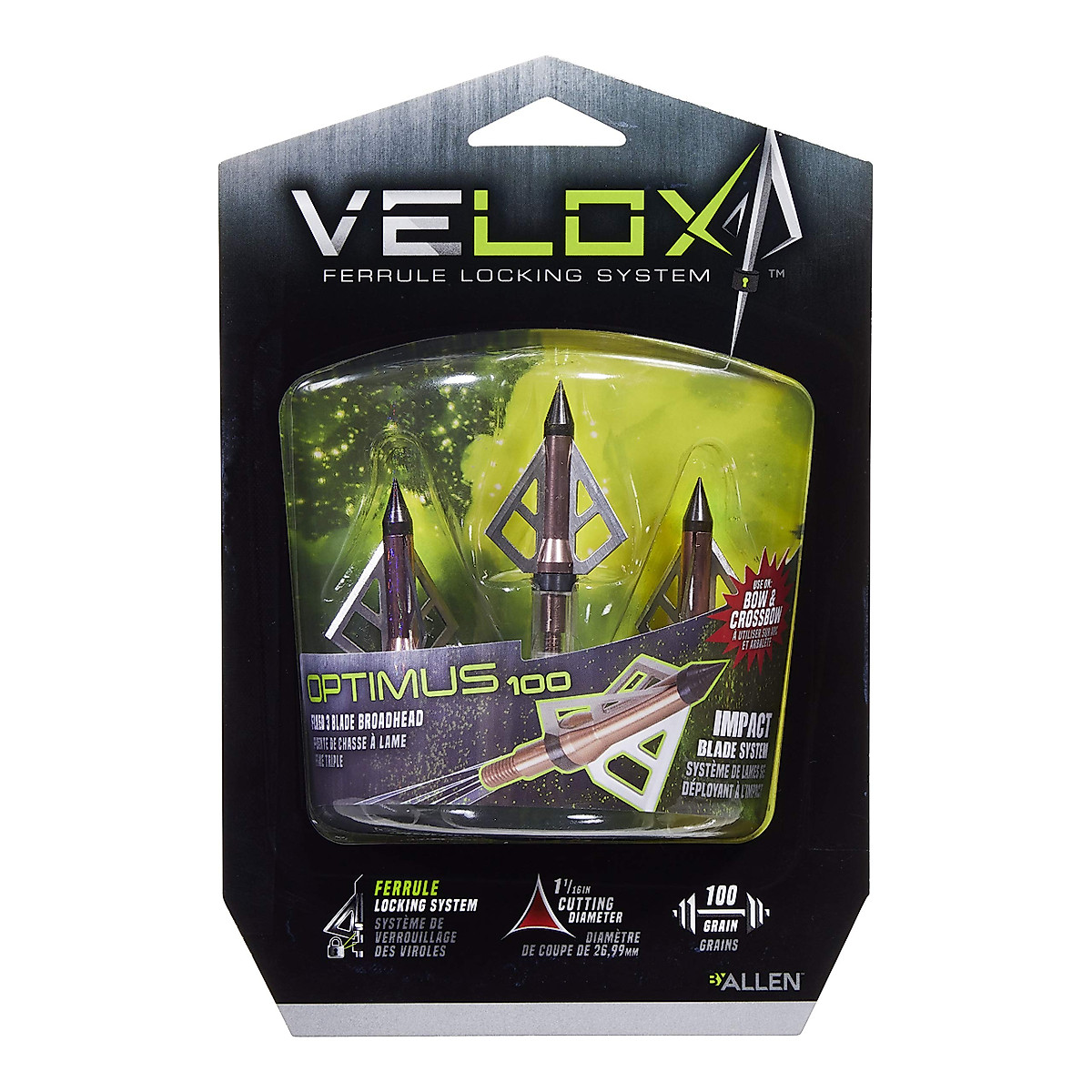 Allen Company Velox Optimus 3-Blade Broadheads - Archery Bow and Crossbow Broadheads - Compound Bow Accessories - 125 or 100 Grain - 3 Pack