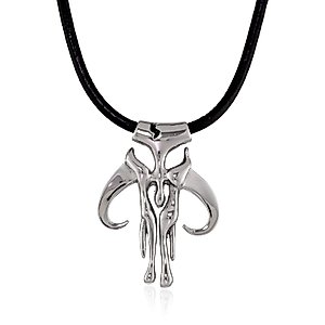 Star Wars Jewelry Unisex Mandalorian Symbol Stainless Steel Leather Cord Pendant Necklace, 24"