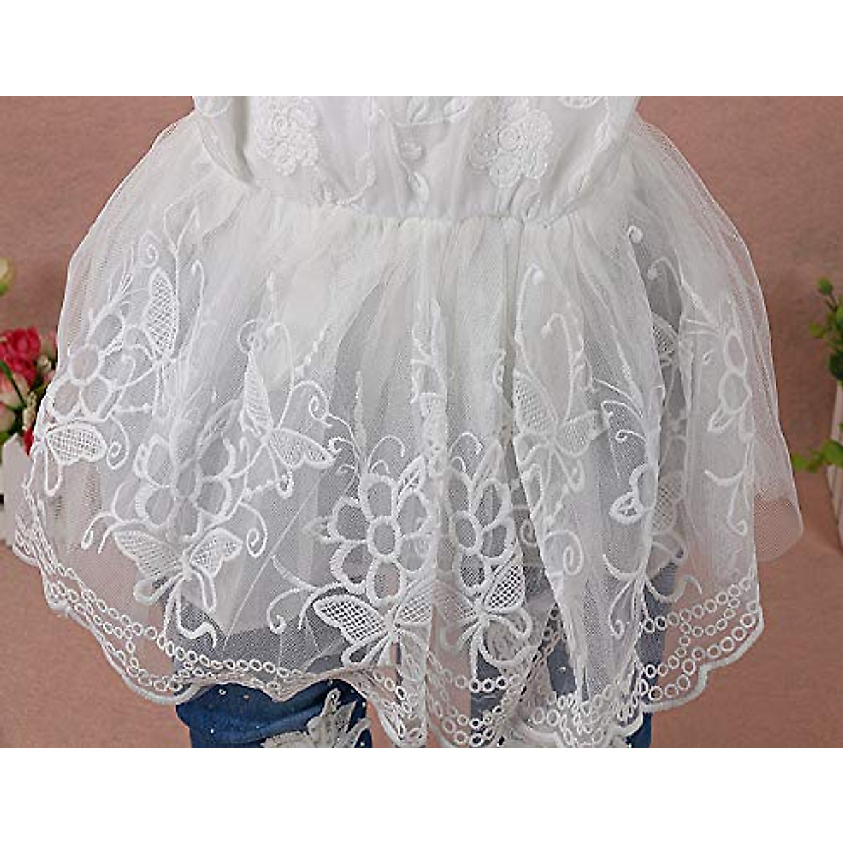 Yao 6M-4Y Infant 3Pcs Baby Girls Clothes Set Toddler Outfits Lace Dress Jacket and Jeans (3-4Y,Flower-White)