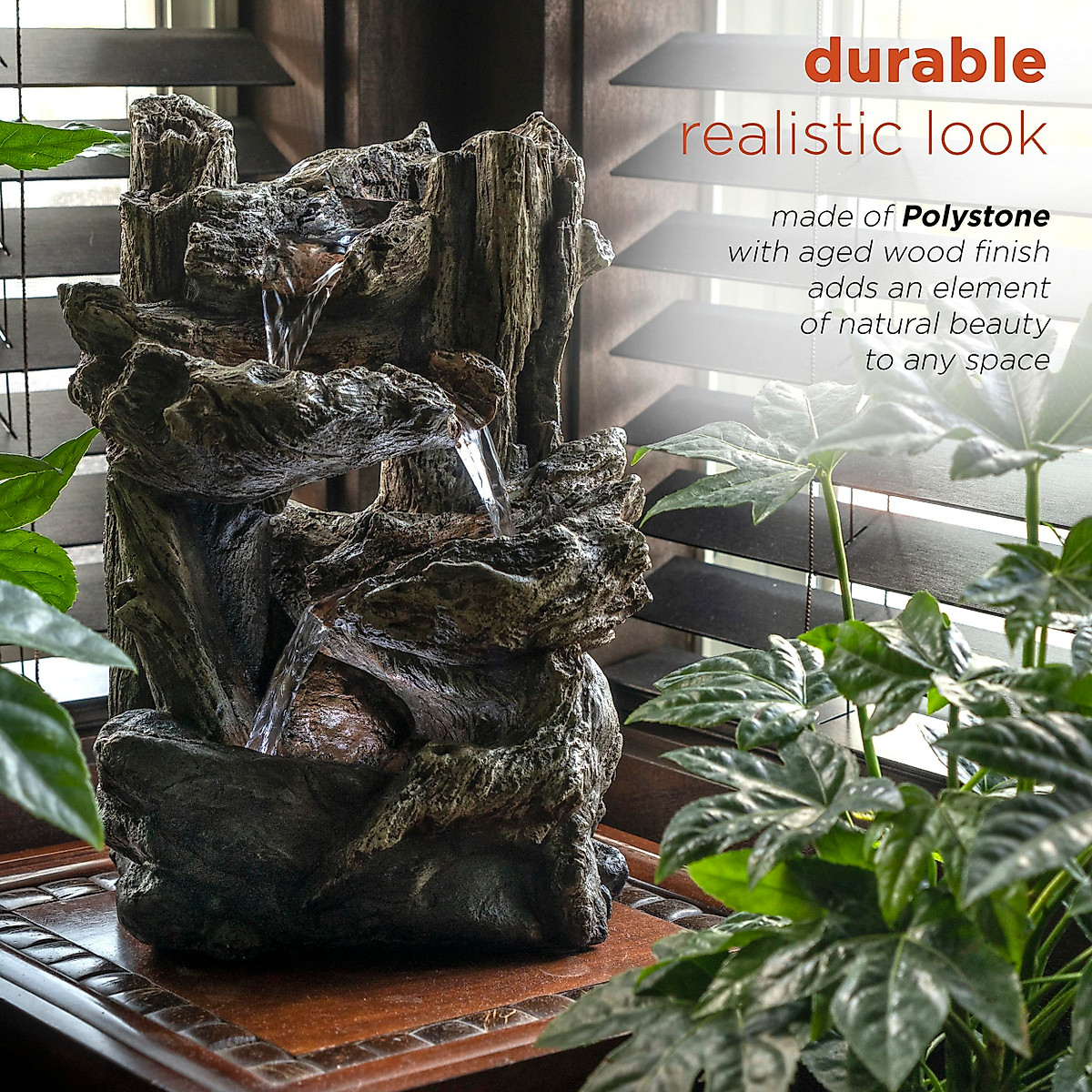 Alpine Corporation 14" Tall Indoor/Outdoor Tiered Log Tabletop Fountain with LED Lights, Beige