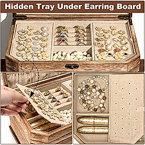 Honiway Jewelry Box 4 Layer Jewelry Organizer Rustic Wooden Jewelry Boxes for Women Girl Man Jewelry Storage with Large Capacity for Necklace Bracelet Earring Ring