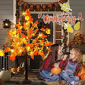 4 Ft Lighted Prelit Maple Tree Fall Decor 42 Warm White LEDs with 6 Pumpkin Lights Timer 8 Modes Remote Control Home Indoor Outdoor Autumn Thanksgiving Decorations Artificial Tree Harvest Halloween