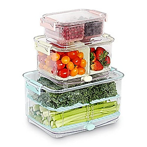 Felli Duo Fresh Produce Saver + Veggie Fruit Berry Storage Strainer Bin + Colander with Drain, ALL IN ONE Container Set for Refrigerator, Dishwasher Safe, Keep Food Lettuce Fresh Longer, Kitchen Vegetable Keeper Fridge Organizer, Housewarming Mothers Day
