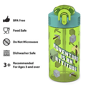 Zak Designs Kids Durable Plastic Spout Cover and Built-in Carrying Loop, Leak-Proof Water Design for Travel, (16oz, 2pc Set), Minecraft Bottle 2pk
