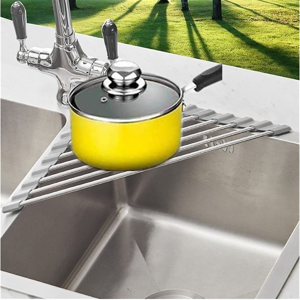 Acykroyee Anti-Rust Stainless Steel Caddy Sponge Holder, Multi-Function Roll-up Drying Rack for Sink Corner Kitchen (Gray)