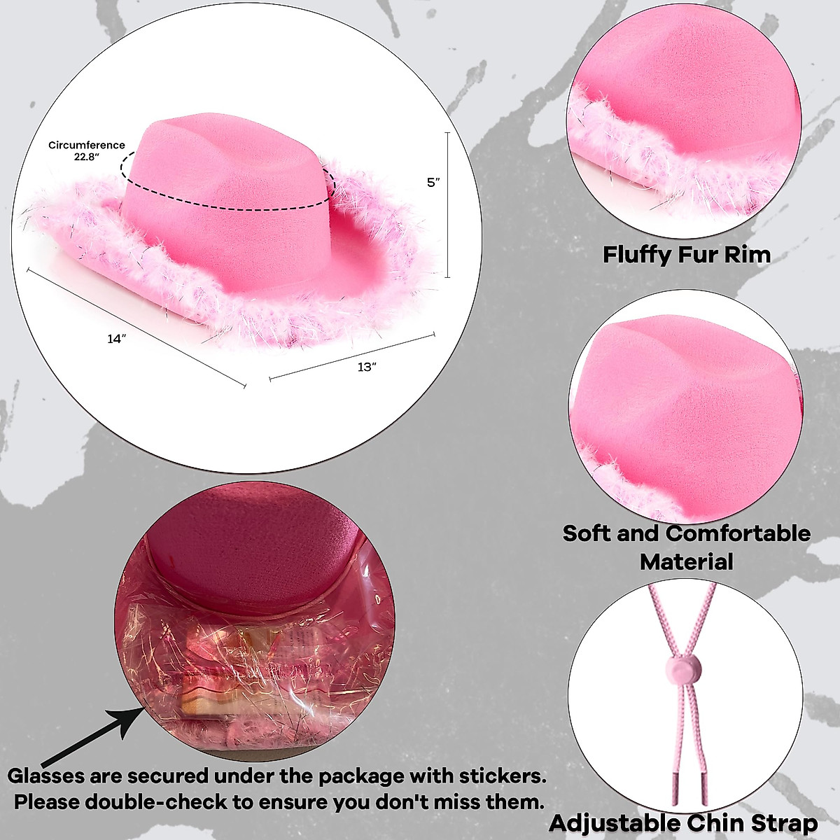 Funcredible Pink Cowboy Hat and Glasses - Fluffy Cowgirl Hat with Star for Girls - Cowboy Hat with Feathers - Cowgirl Accessories - Halloween Accessories for Women