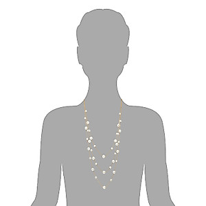 Gold White Statement Necklace Three-Strand Long Chains with Synthetic Pearl Beads, Elegant, Dress
