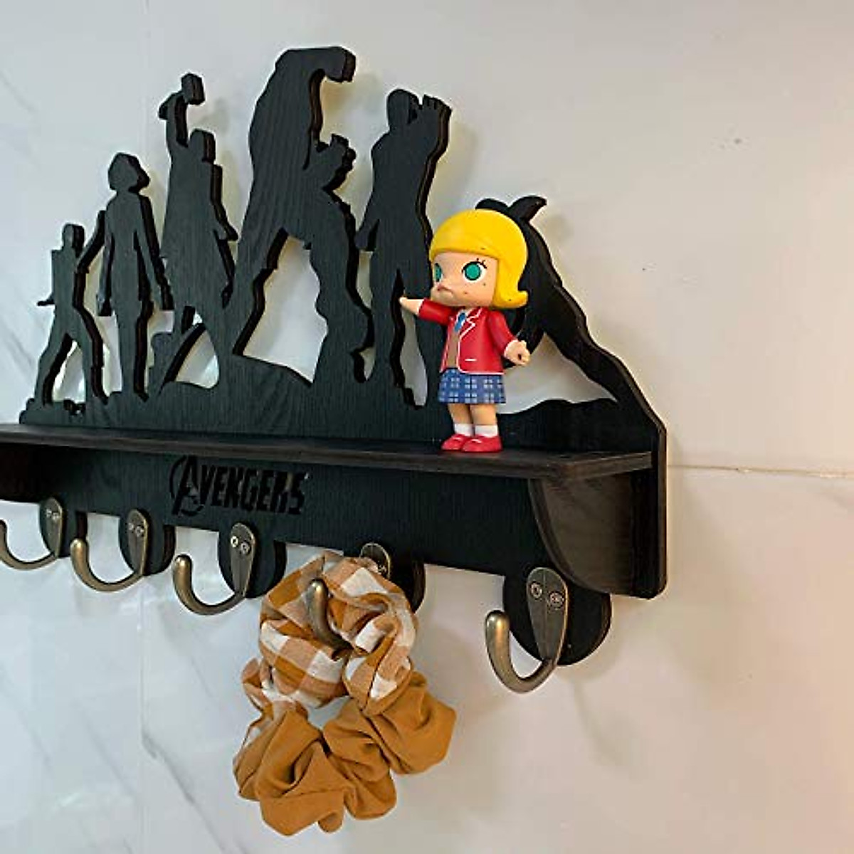 Superheroes Black Wooden Entryway Wall Shelf Hanging Shelf 16 in L, Wall-Mounted Coat Hook Rack with 5 Dual Metal Hooks for Hallway, Bathroom, Living Room, Bedroom