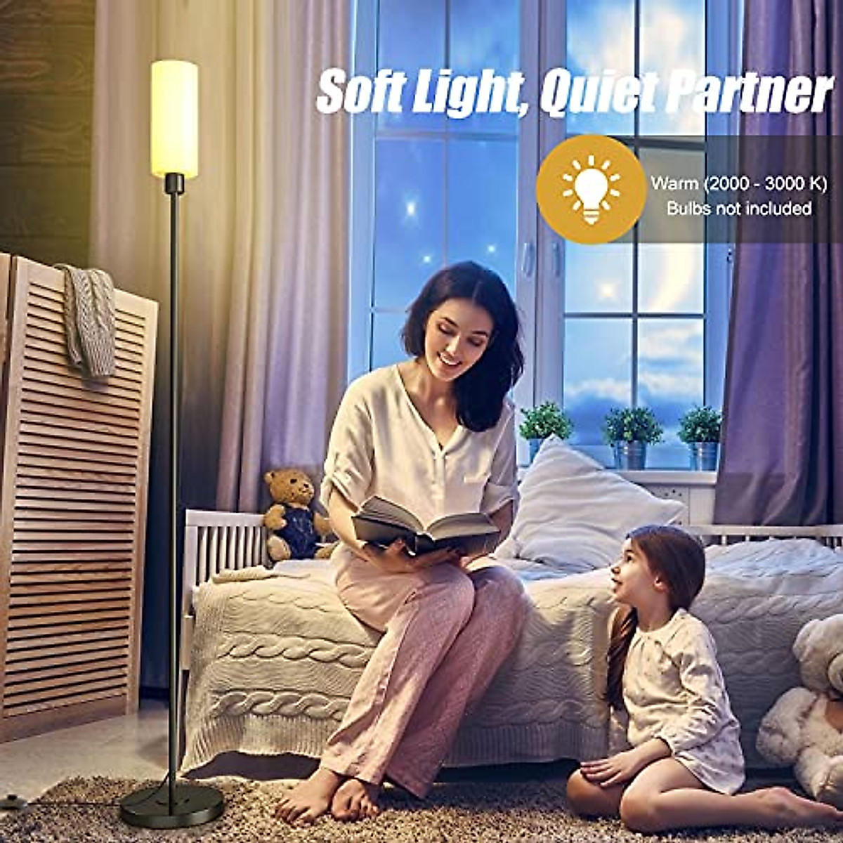 VEYFIY Floor Lamp Set of 2, Lamps for Bedroom and Living Room, Modern Standing Light with Glass Lampshade, Industrial Tall Lamp with E26 Socket, Light for Work, Reading, Black (Bulb Not Included)