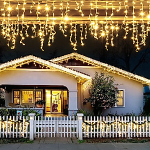 JMEXSUSS 200 LED Icicle Lights, 8 Modes Icicle Lights Indoor, Warm White Icicle Christmas String Lights Outdoor Waterproof for Xmas Roof Wedding Party Holiday Room Home Decorations