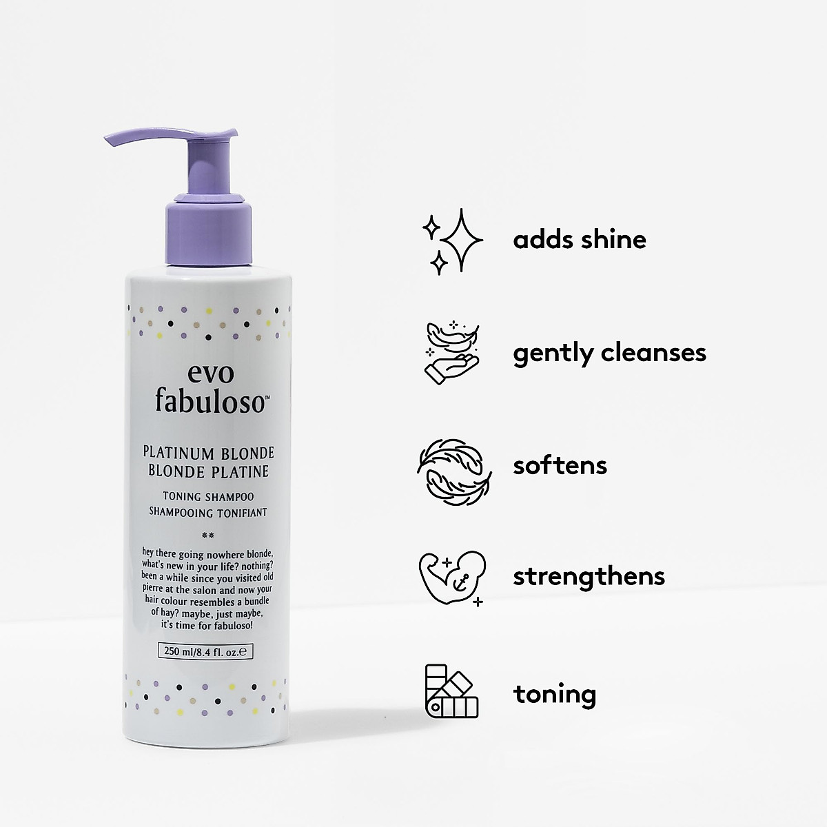 EVO Fabuloso - Platinum Blonde Toning Shampoo - Refreshes and revives colored hair - Purple Shampoo to Extended Life of Color - Treated Blonde Hair - 250ml / 8.4oz
