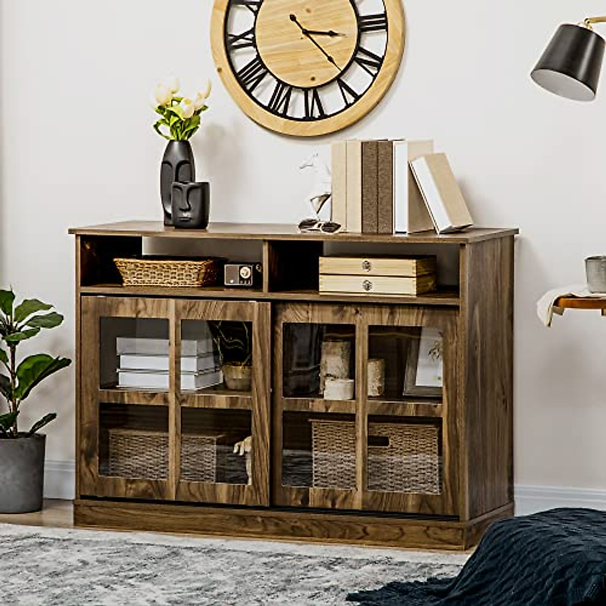 HOMCOM Sideboard with Glass Sliding Doors, Buffet Cabinet, Coffee Bar Cabinet with Adjustable Shelf, Walnut