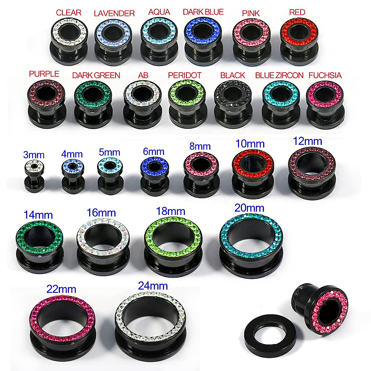 1 Piece of 5/8 Inch - 16mm Multi Pink Crystal Stone Setting on Black Acrylic Ear Gauge Flesh Tunnel