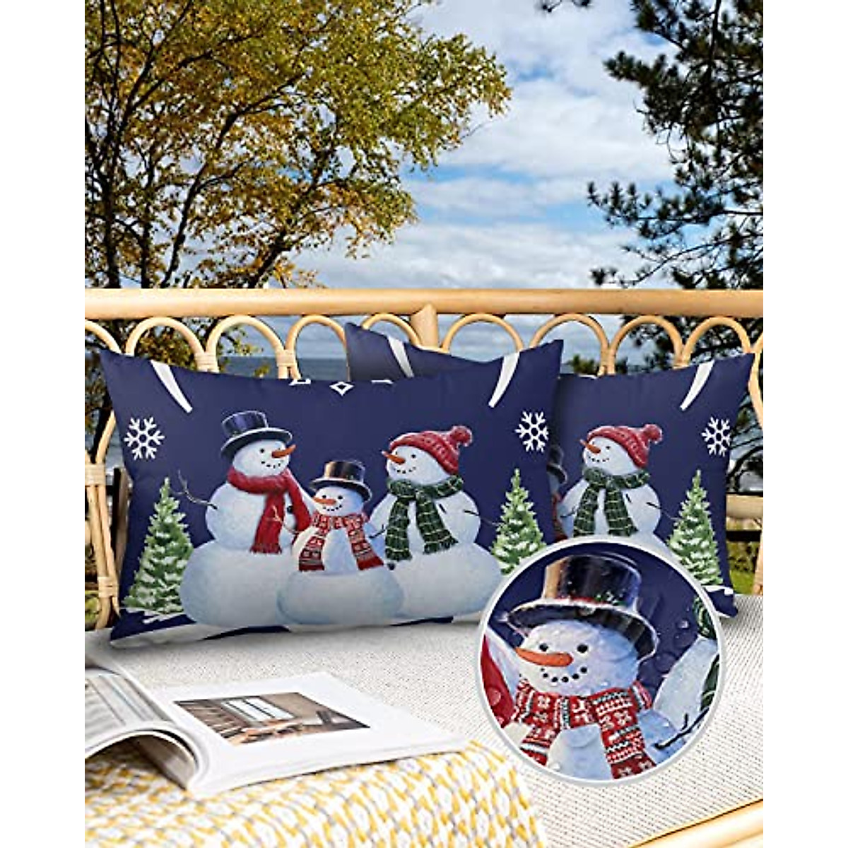 Outdoor Throw Pillow Covers Waterproof Pillow Cases 20x12In,Snowman Family Christmas Tree Snowflake Decorative Pillow Covers Cushion Cases for Couch Sofa Patio Garden,2 Pack Winter Snow Night