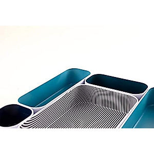Three by Three Seattle 5 Piece Metal Organizer Tray Set for Storing Makeup, Stationery, Utensils, and More in Office Desk, Kitchen and Bathroom Drawers (2 Inch, Assorted Blue and Stripes)