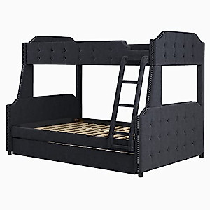 DEYOBED Twin Over Full Velvet Upholstered Bunk Bed with Trundle and Ladder, Tufted Button Design Wooden Bed Frame for Kids Teens Bedroom, Space Saving, Black