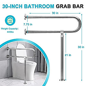 Handicap Grab Bars Rails 30-Inch Toilet Handrails Bathroom Safety Bar Hand Support Rail Handicapped Handrail Accessories for Seniors Elderly Disabled Bariatric Railing Wall to Floor Mounted Bath Grips