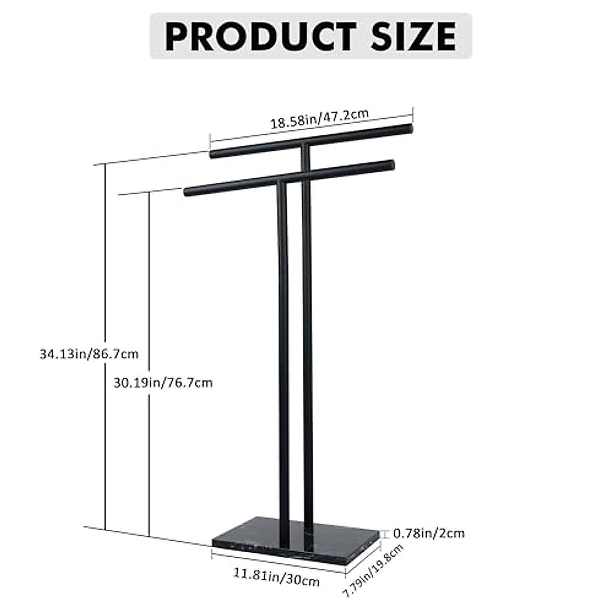 WISATO - Free Standing Towel Rack for Bathroom - Stand Alone 2 Tier Stainless Steel Towel Rack for Bathroom Floor with Heavy Marble Base & Matte Black Finish - Double T Shape Drying Stand for Towels