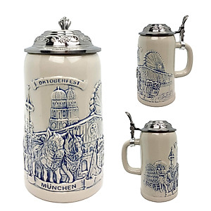 1 Liter | OktoberfestHaus Oktoberfest Mugs Engraved Beer Stein German Raised Relief Munich Festival Scene Stoneware Beer Mug Tankard With Lid