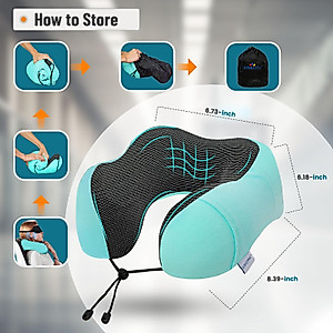 Adjustable Travel Pillow for Neck Support & Comfort, Lightweight Memory Foam Travel Neck Pillow for Sleeping - Washable & Breathable Plane Pillow for Traveling with Eyemask, Earplug & Carry Bag
