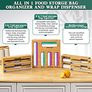 Calmbee Storage Bag Organizer and Wrap Dispenser with Cutter, 9 IN 1 Bamboo Foil and Plastic Wrap Organizer for Kitchen Drawer, Plastic Bag Organizer for Gallon, Quart, Sandwich, Snack