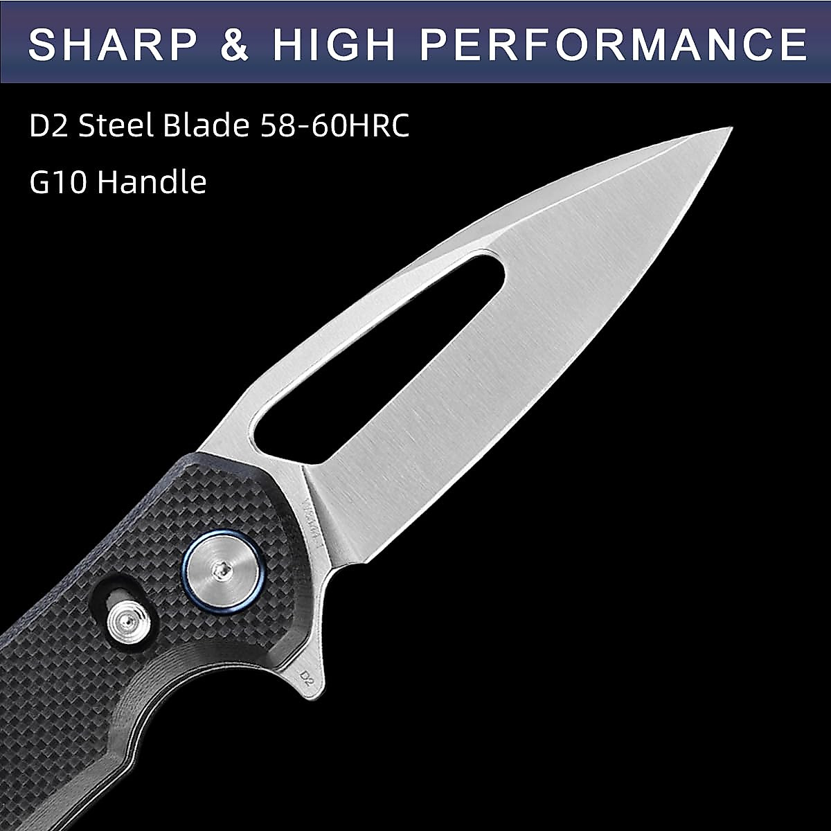 WIN+ Pocket Knife, Folding Knife with Button Lock and Axis Lock, Tactical Knife with Ball Bearing and Thumb Hole for Men and Women, Good for Camping and Outdoor 3444 (Black-G10)
