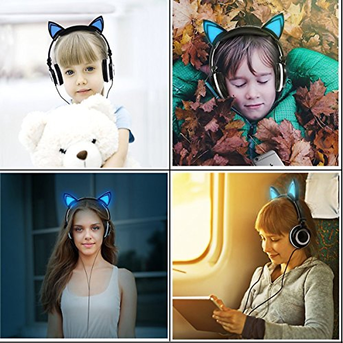 LIMSON Cat Ear Headphones for Kids, LED Light with USB Chargeable Foldable Earphones for ChildrenTeens Adults, Compatible for iPad, Tablet, Computer, Mobile Phone (Black&Blue)