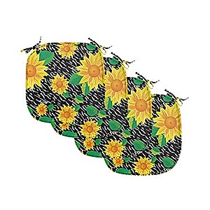 Lunarable Floral Chair Seating Cushion Set of 4, View of Sunflowers on a Background of Monochrome Stripes, Anti-Slip Seat Padding for Kitchen & Patio, 16"x16", Charcoal Grey Yellow